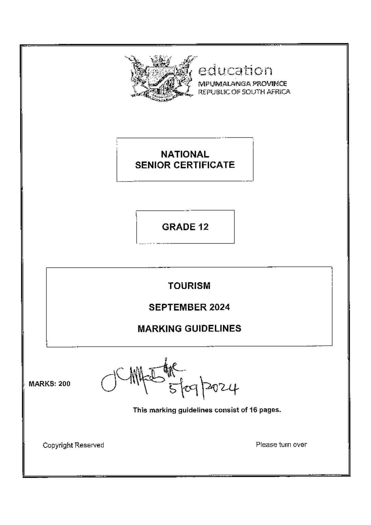 NSC Grade 12 Tourism Sept 2024 Marking Guidelines - Studocu