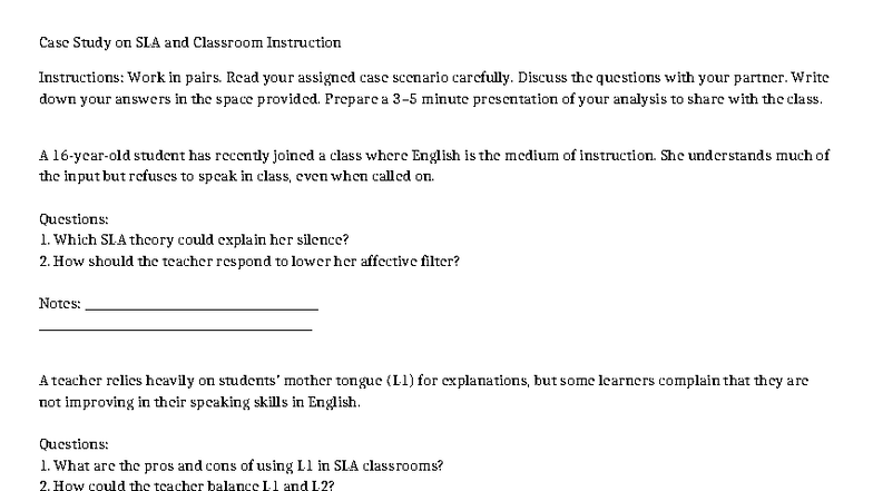 SLA Case Study: Classroom Instruction & Student Engagement - Studocu