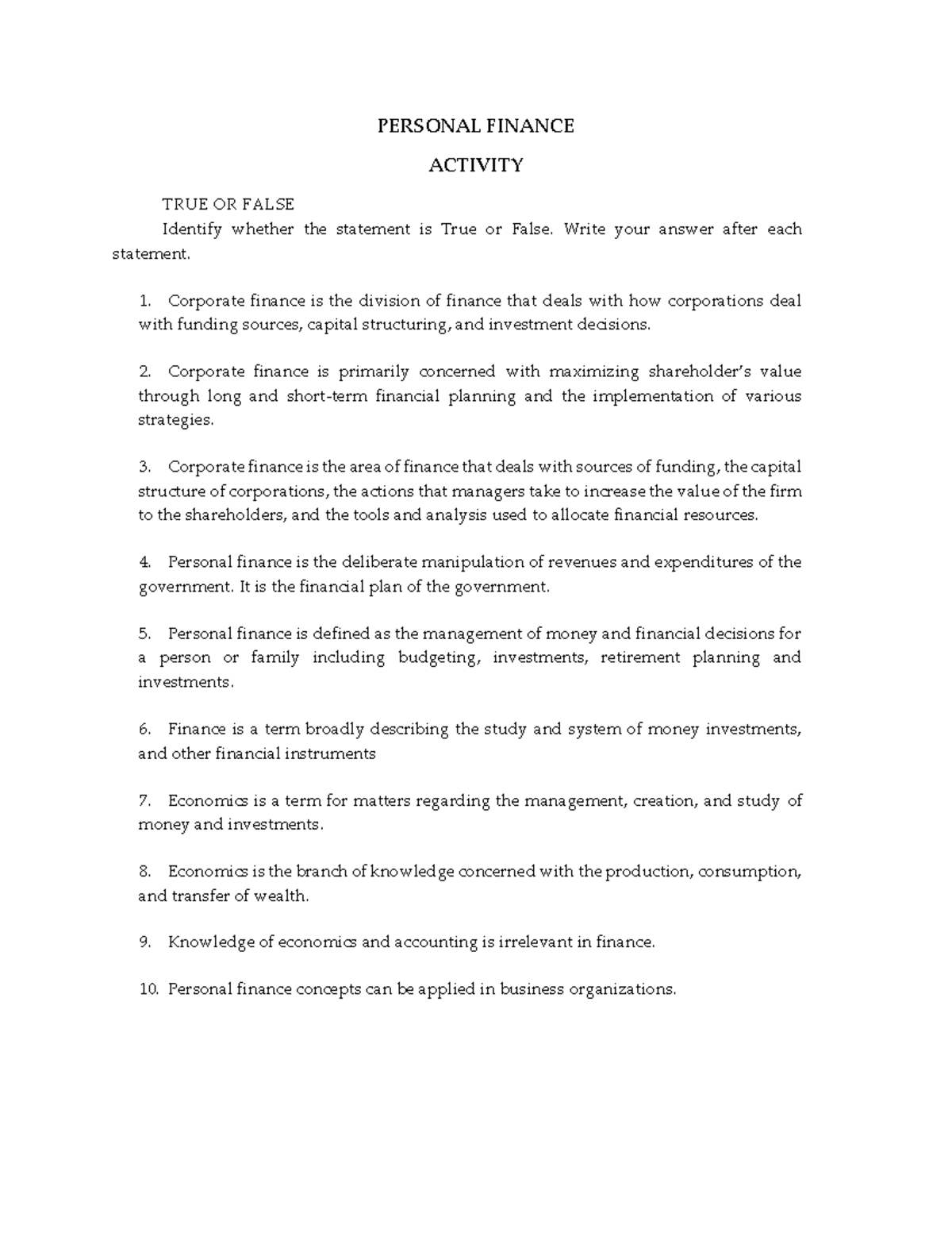 Personal Finance - Activity 1 - PERSONAL FINANCE ACTIVITY TRUE OR FALSE ...