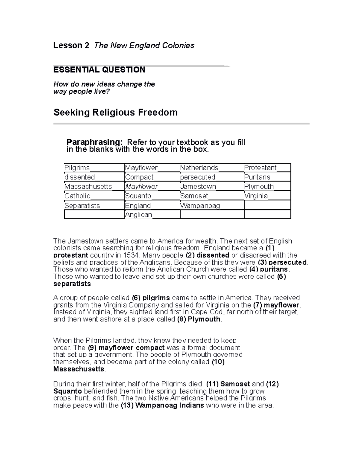 Guided Reading Activity: Lesson 2 on The New England Colonies - Studocu