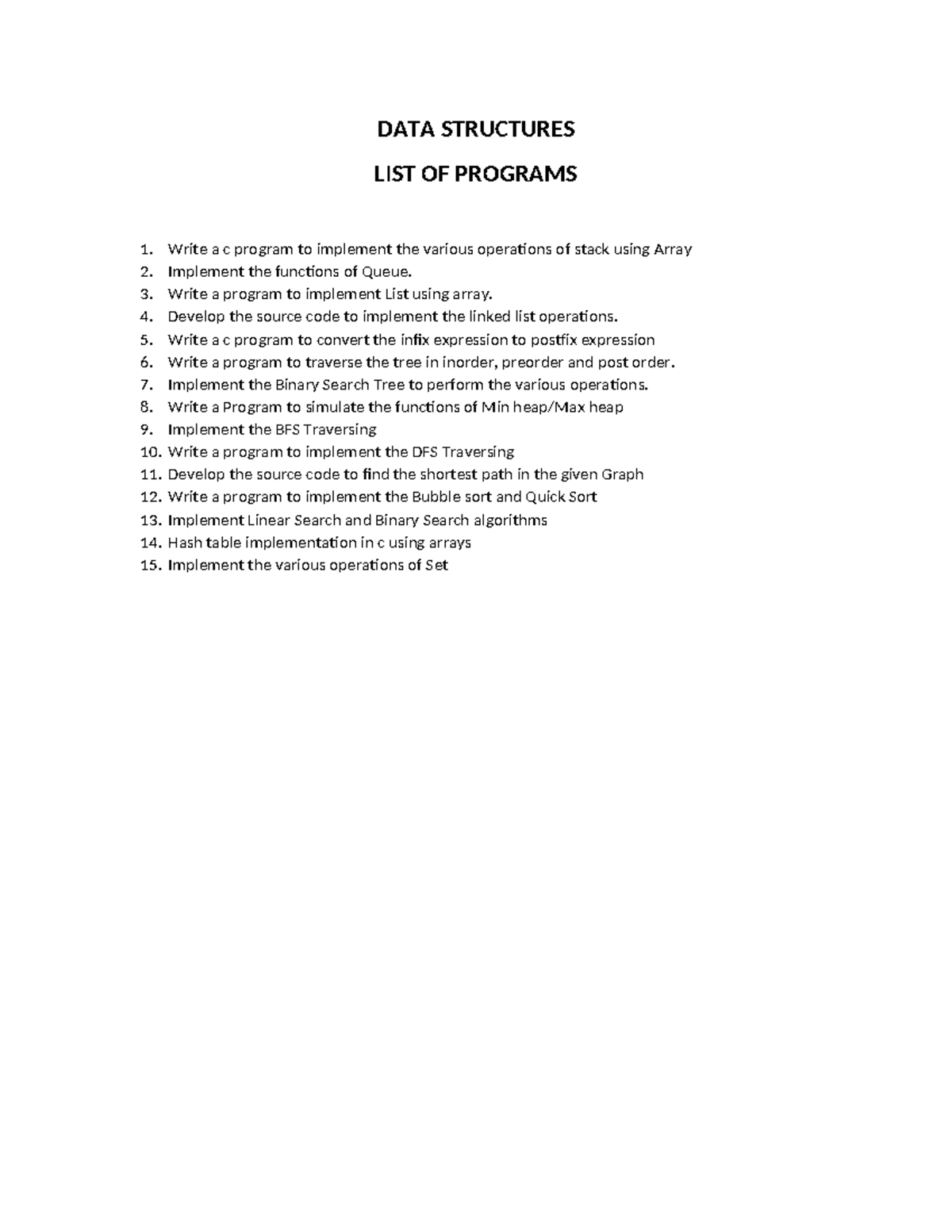 DATA 101: List of C Programs for Data Structures Operations - Studocu