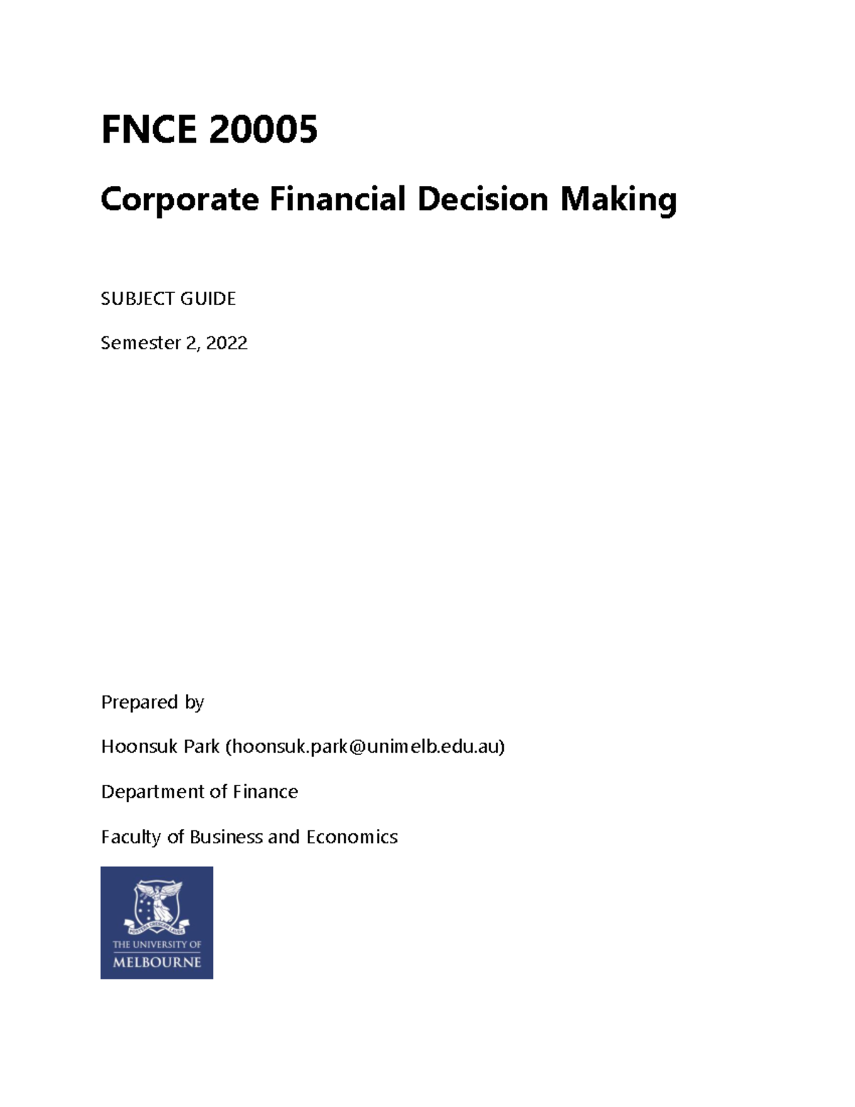 Subject Guide for FNCE20005: Corporate Financial Decision Making S2 ...