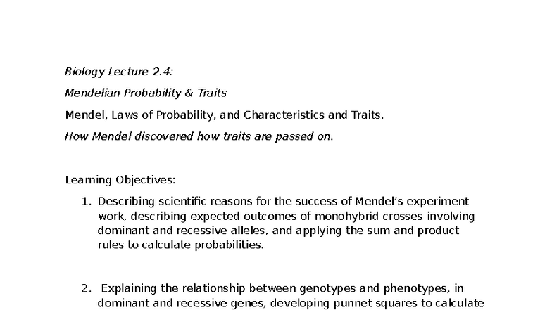 Biology Lecture 2.4: Mendelian Traits & Probability Principles - Studocu