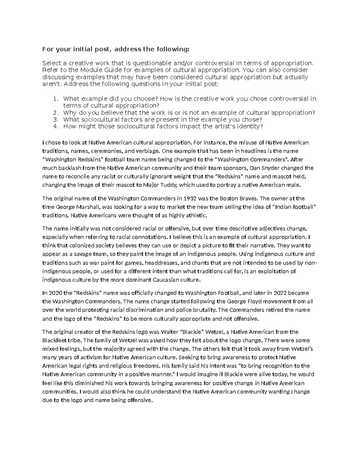 Week 6 HUM Discussion Post: Analyzing Cultural Appropriation - Studocu