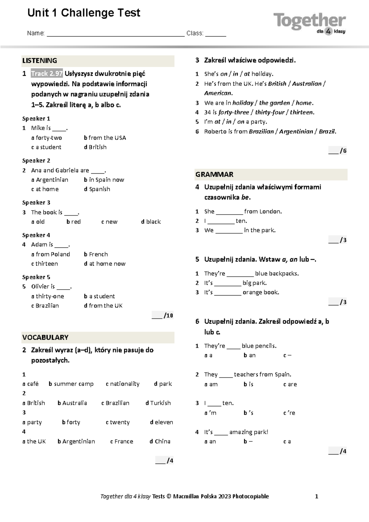 Unit Test Challenge for Together kl4 U1 - Listening, Vocabulary ...