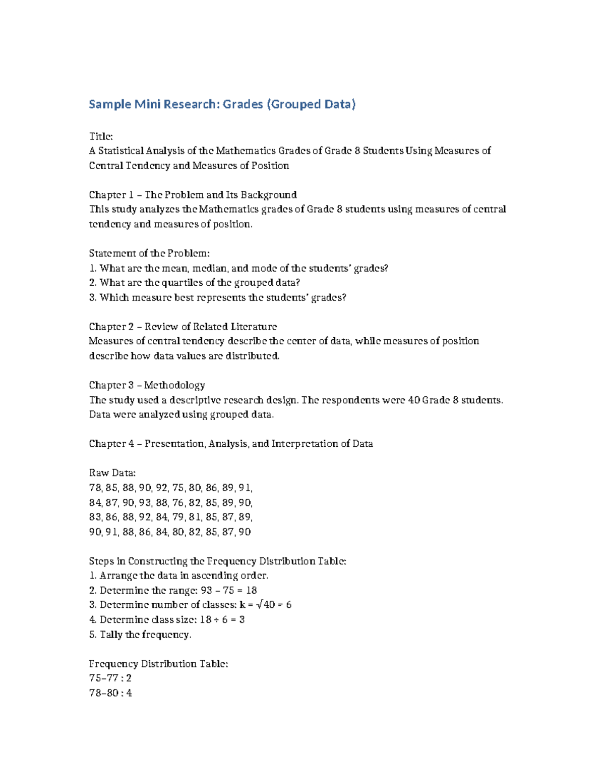 Mini Research: Statistical Analysis of Grade 8 Math Grades - Studocu