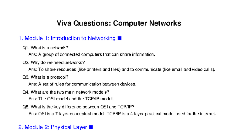 Computer Networks 1: Viva Questions for Module 1 & 2 - Studocu
