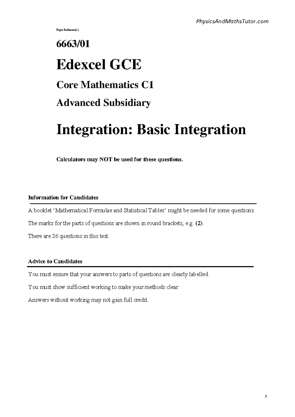C1 Integration: Basic Integration Questions and Solutions - Studocu