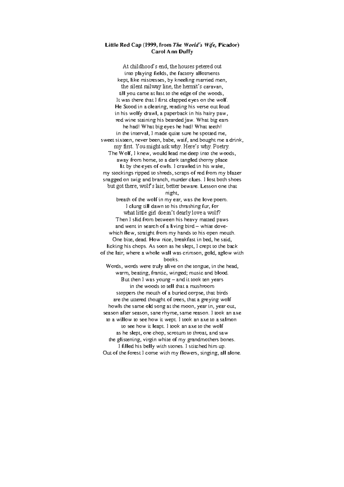 Little Red Cap (Required Reading) - Analysis of Duffy's Poem - Studocu