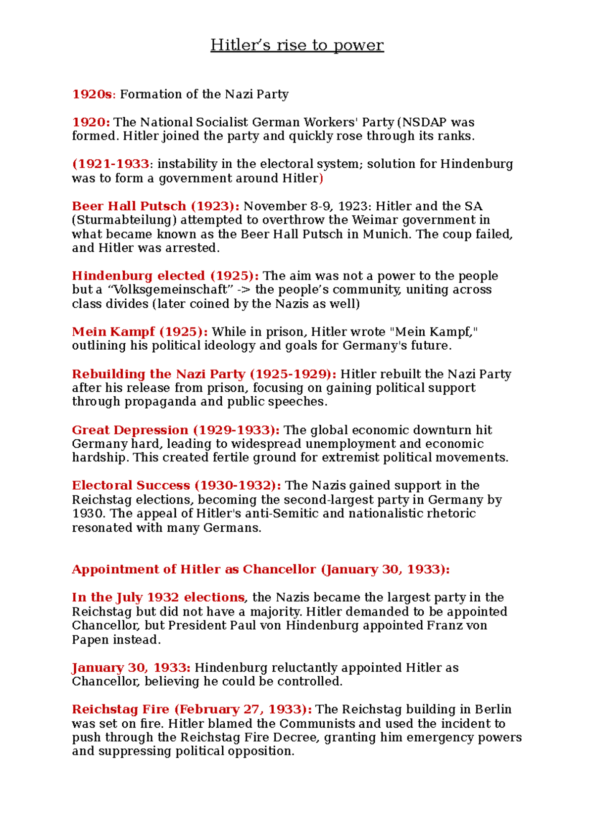 Hitler's Rise to Power: Key Events Timeline (1920-1934) - Studeersnel