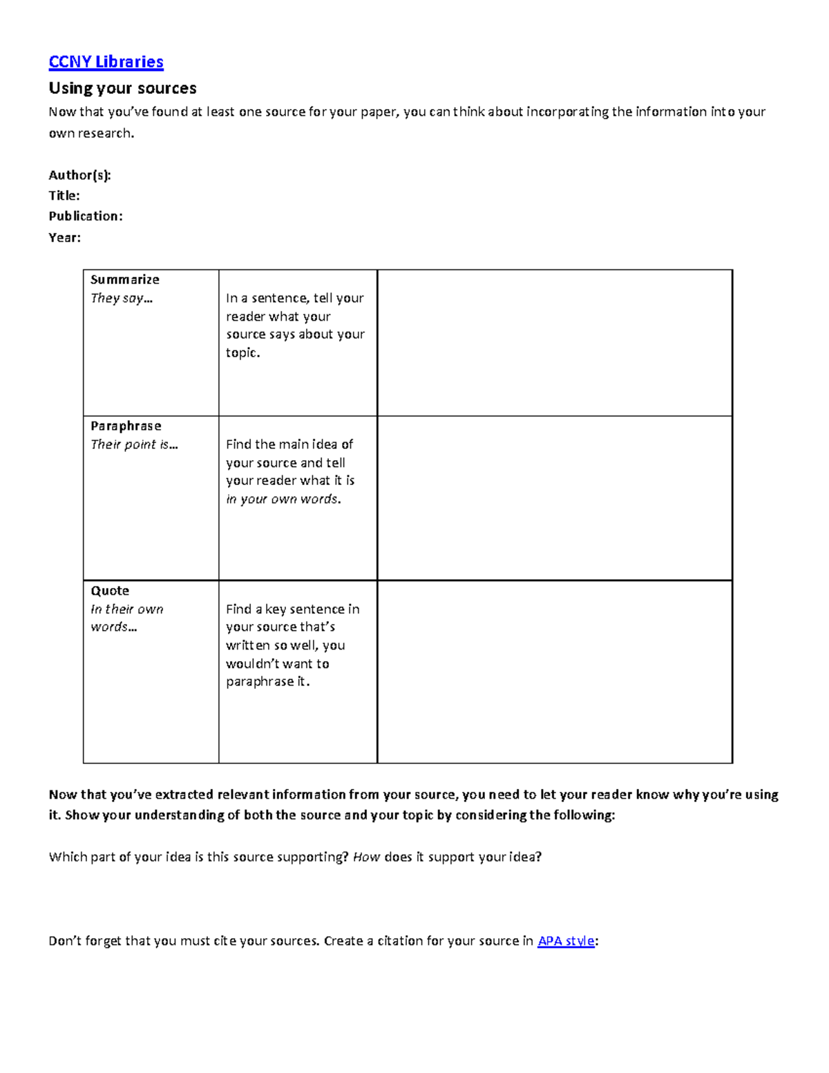 CCNY Libraries: Using Your Sources Worksheet for Research Papers - Studocu