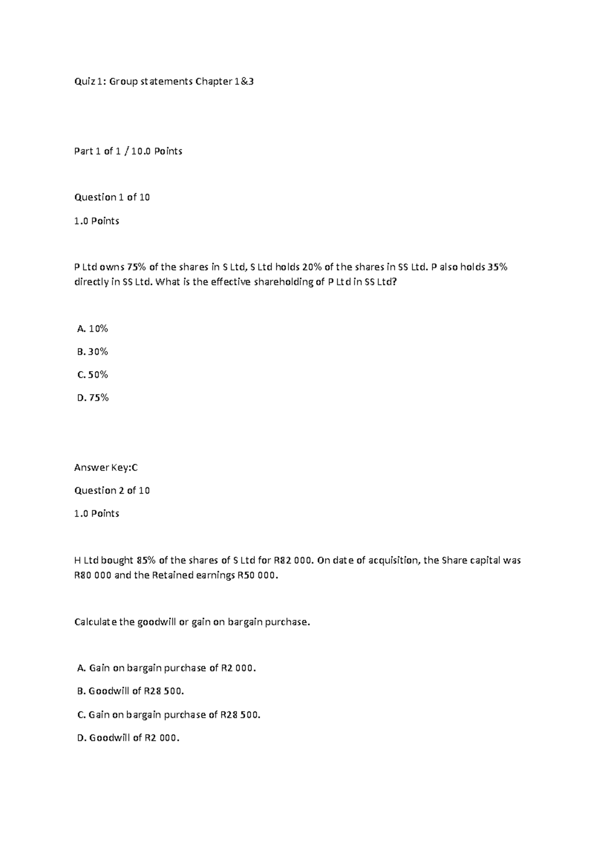 Quiz 1 - Practice Material for Quiz on Group Statements and Goodwill ...