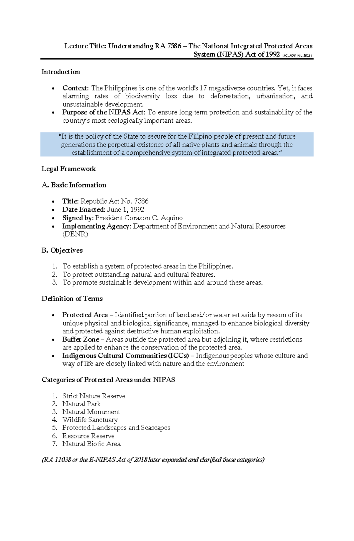 Lecture on RA 7586: National Integrated Protected Areas System (NIPAS ...