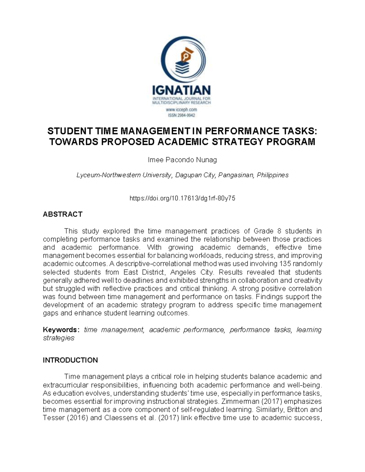 STUDENT TIME MANAGEMENT IN PERFORMANCE TASKS: ACADEMIC STRATEGY PROGRAM ...