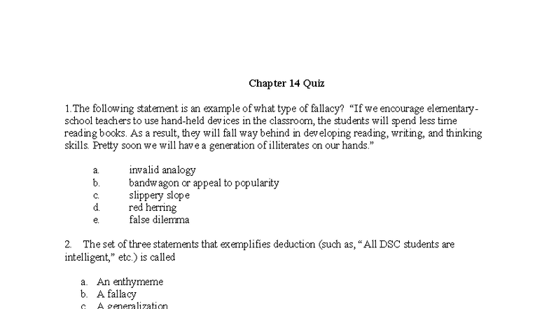 Chapter 14 Quiz: Identifying Logical Fallacies and Reasoning - Studocu