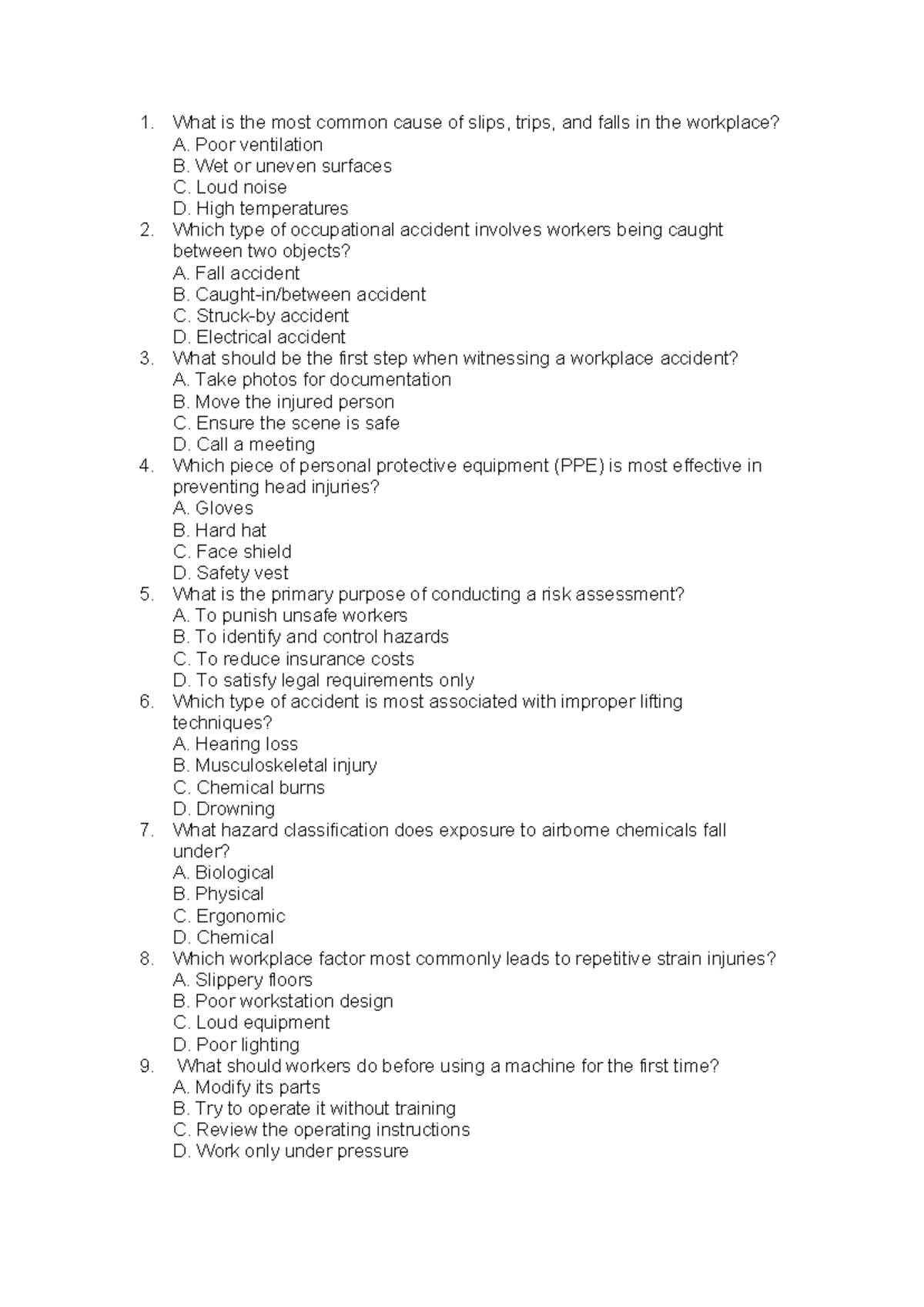 Occupational Safety Quiz: Common Causes & Prevention Strategies - Studocu
