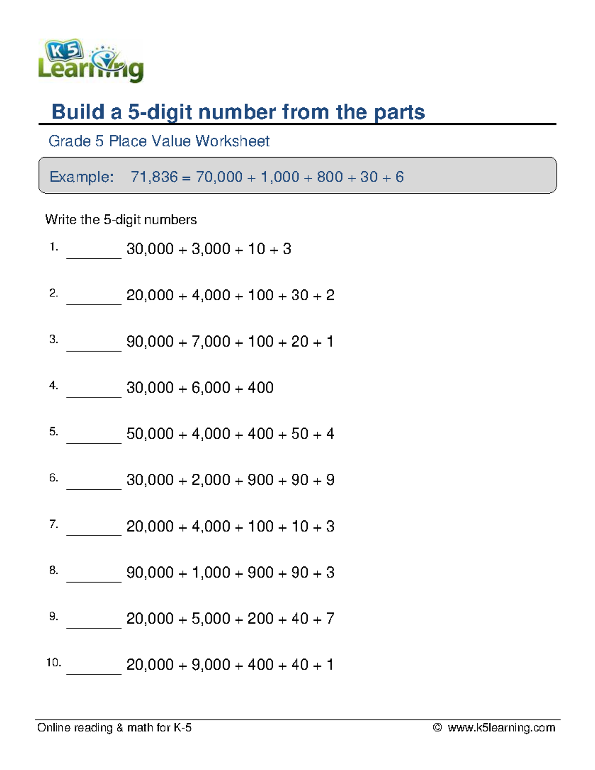 Grade 5 Place Value Worksheet: Build Numbers from Parts - Studocu
