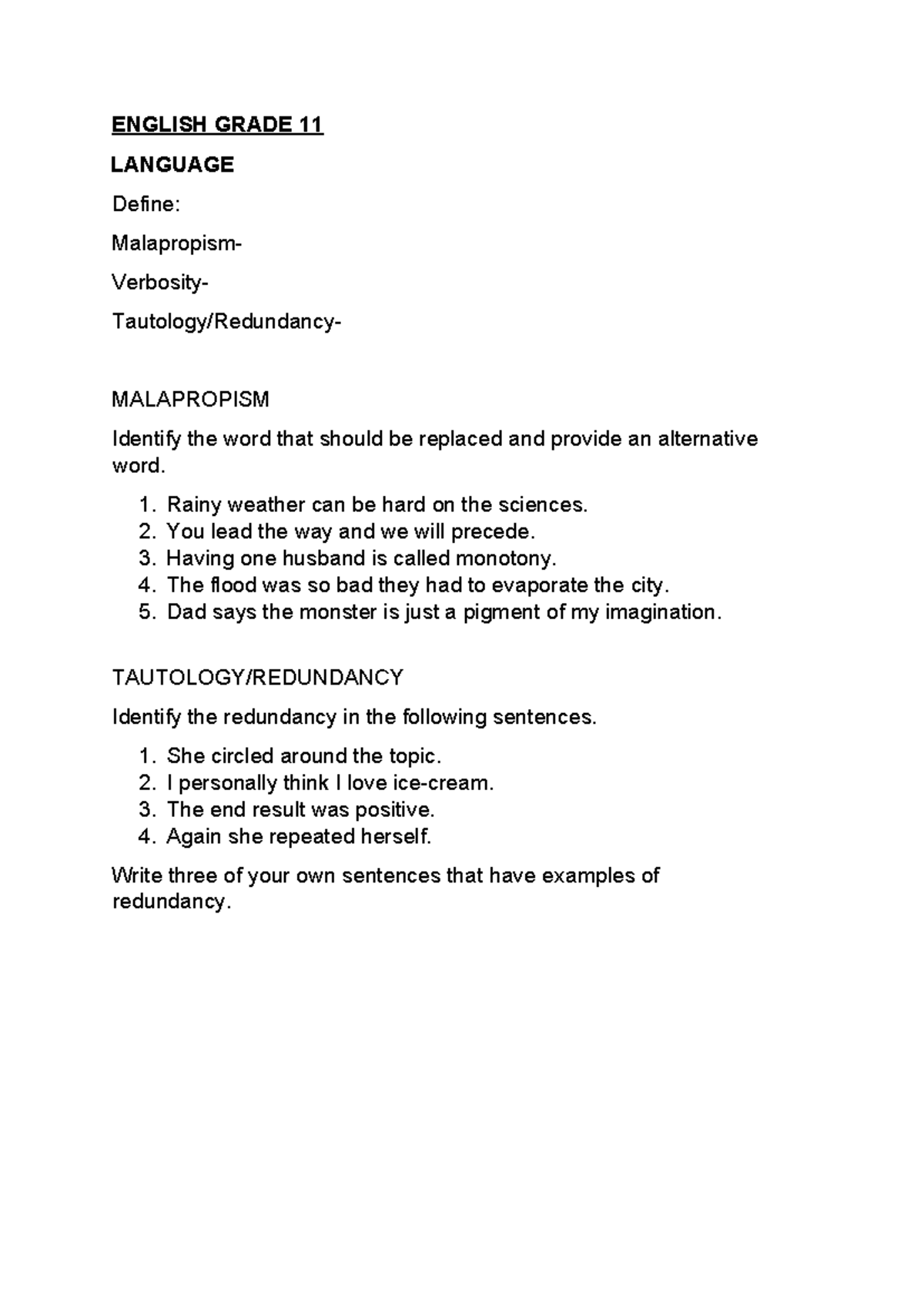 Language revision worksheet - ENGLISH GRADE 11 LANGUAGE Define ...