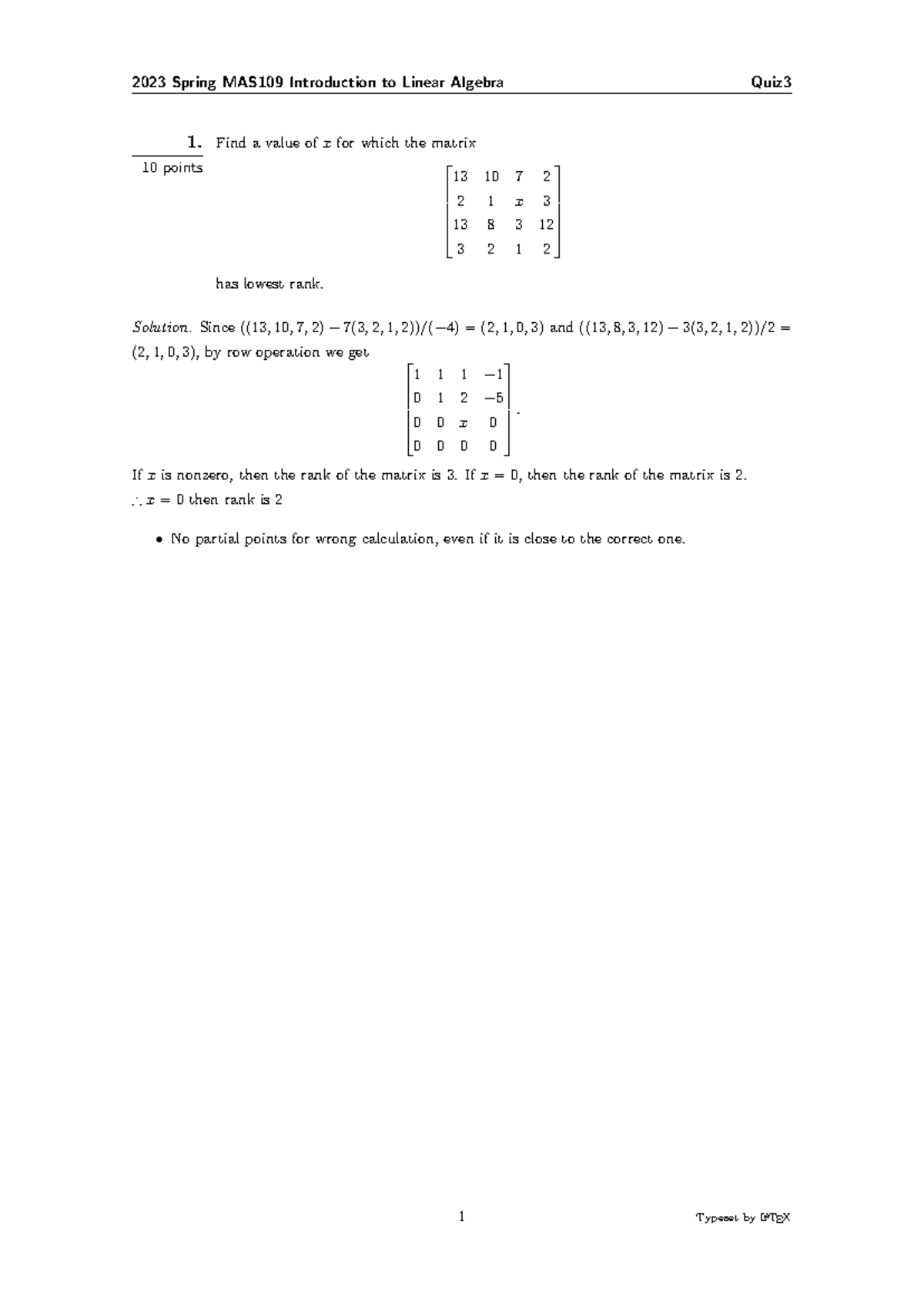 MAS109 Quiz 3 Solutions - Linear Algebra (Spring 2023) - Studocu