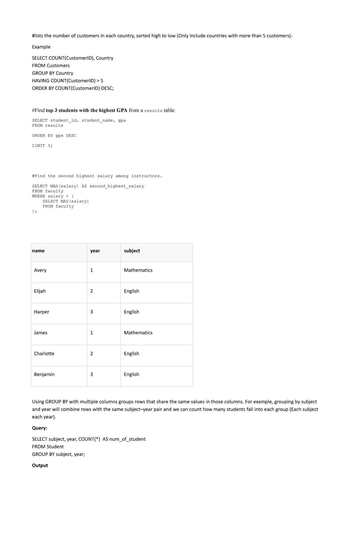 Group By Multi Column - SQL Queries for Data Analysis - Studocu
