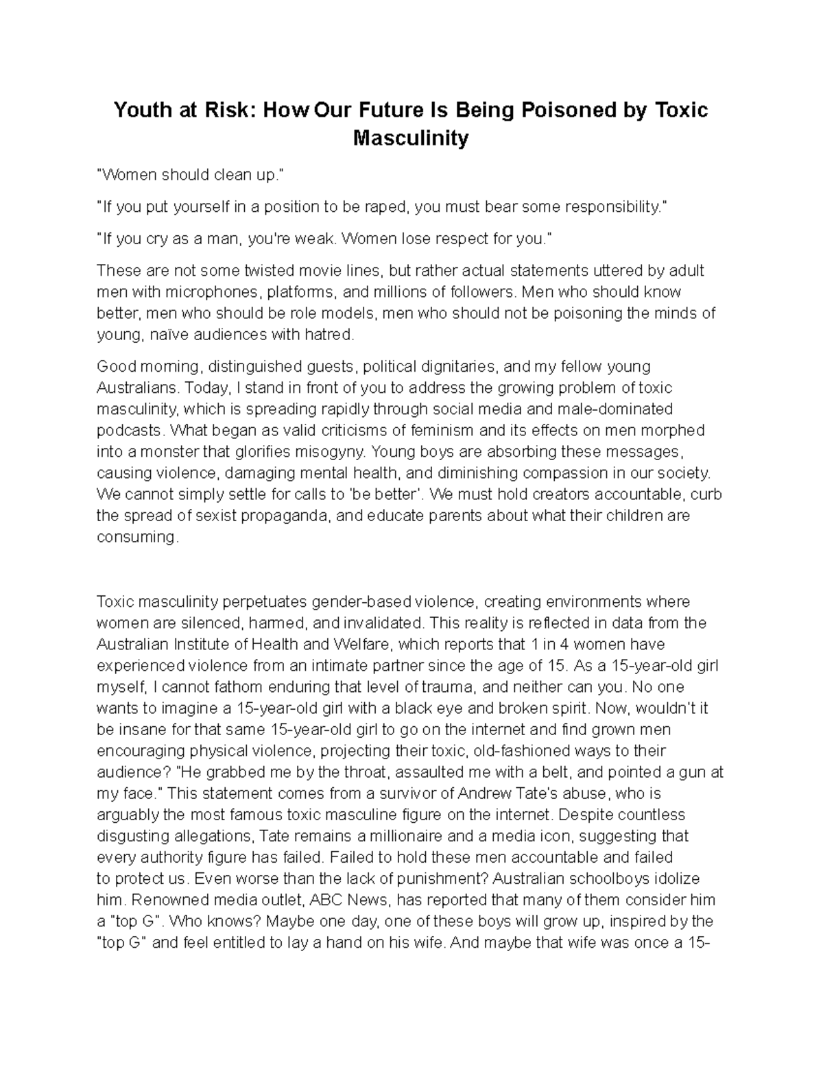 English 101 Final Persuasive Script: Addressing Toxic Masculinity - Studocu