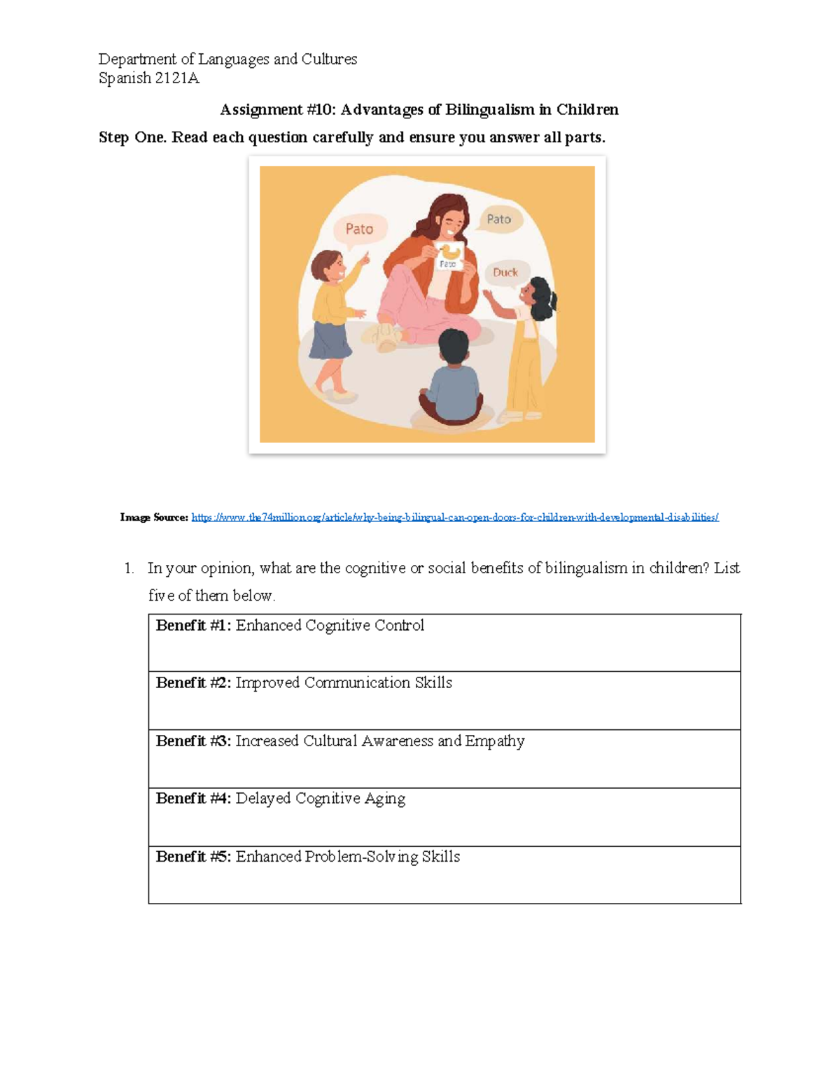 Spanish 2121A Assignment: Exploring Bilingualism Benefits in Children ...