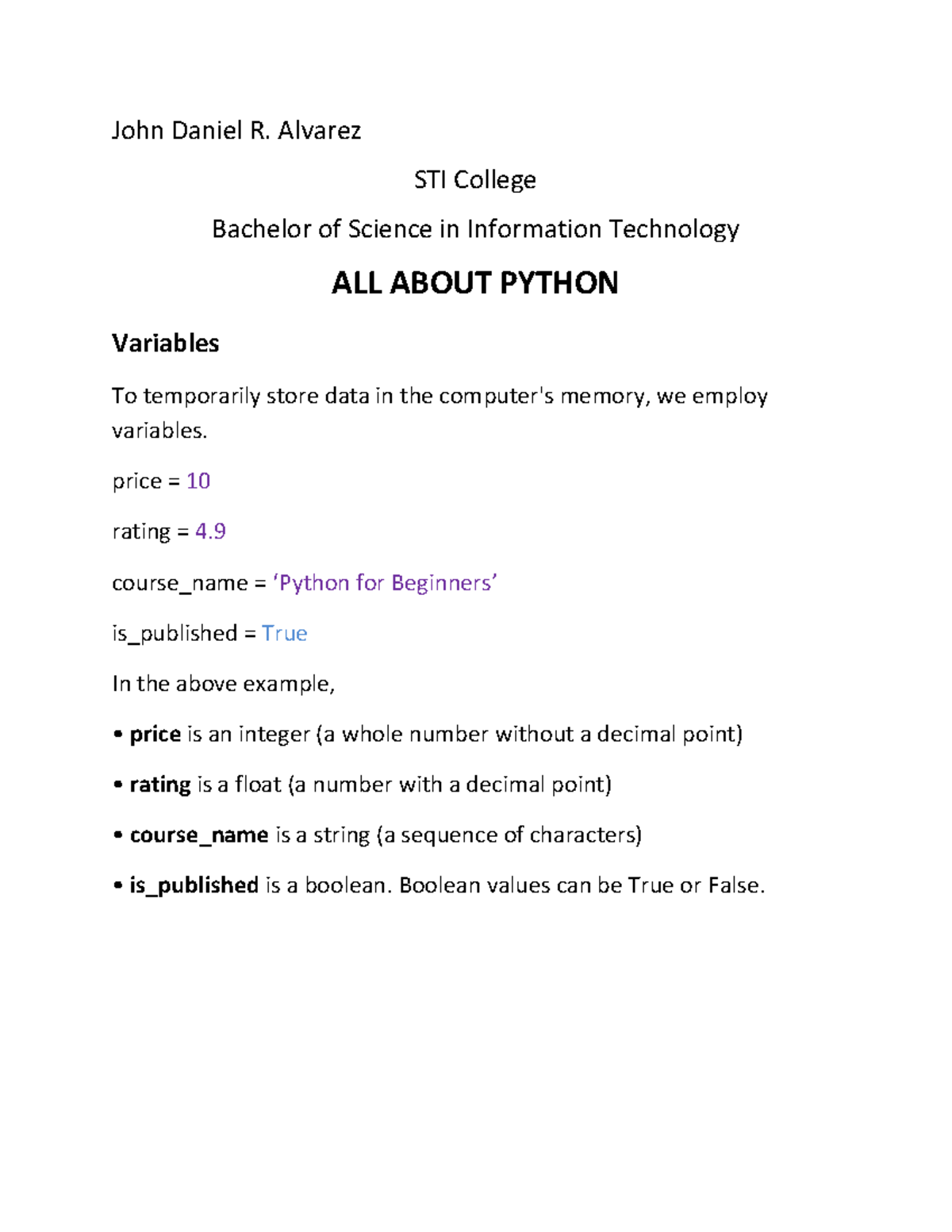 All About Python - John Daniel R. Alvarez STI College Bachelor of ...