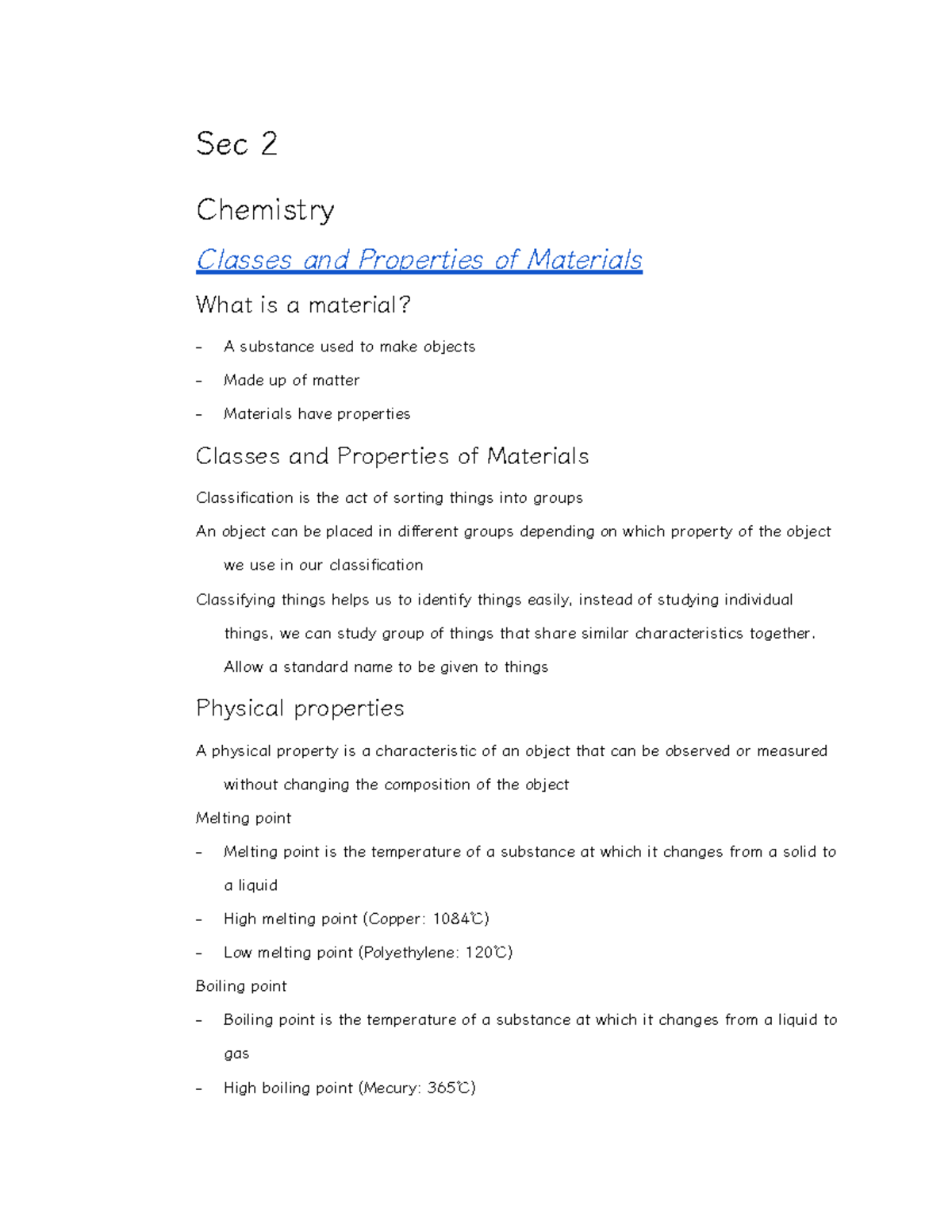 Sec 2 Chemistry: Classes and Properties of Materials Notes - Studocu