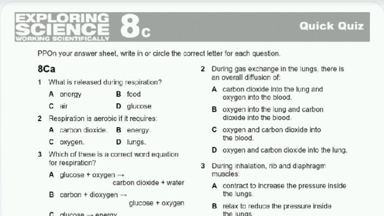 EXPLORING SCIENCE 8c Quick Quiz & Mark Scheme on Respiration - Studocu