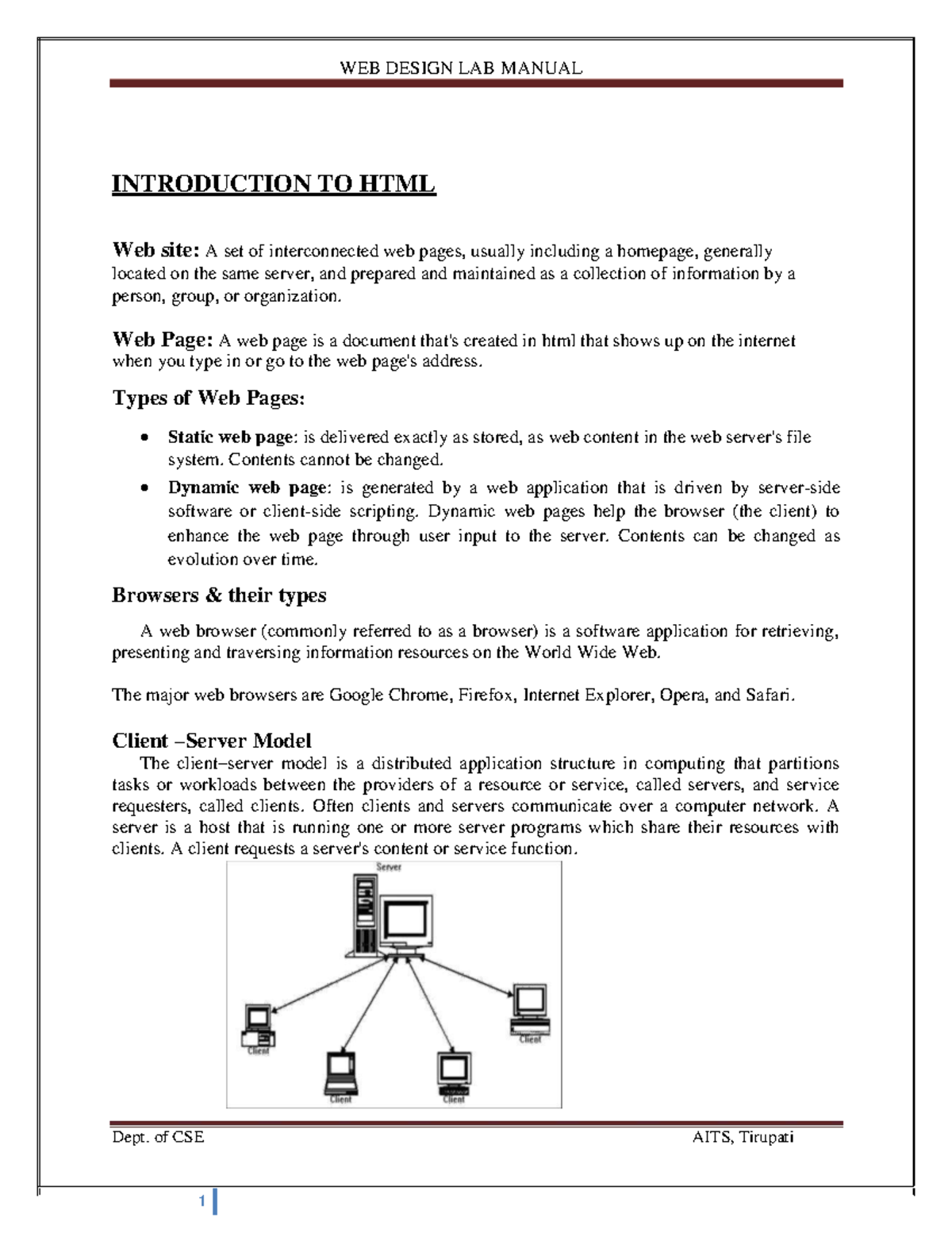 WEB DESIGN LAB MANUAL (CSE 101) - Introduction to HTML Concepts - Studocu