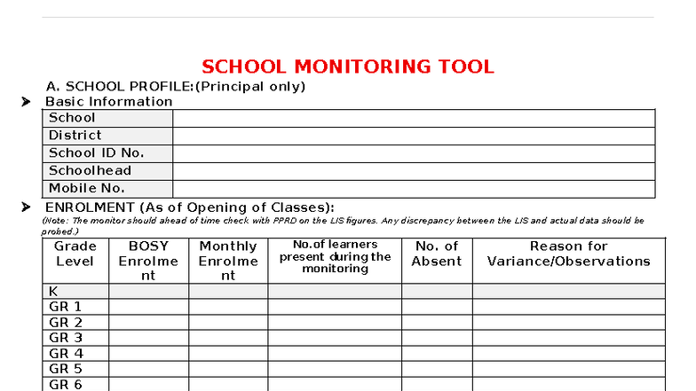 SCHOOL MONITORING TOOL: Updated Profile & Assessment Guide - Studocu
