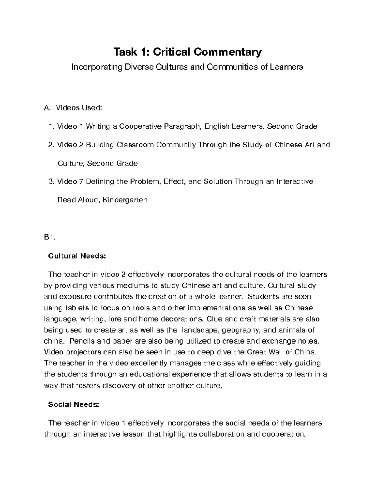 Task 1: Critical Commentary on Culturally Responsive Teaching ...