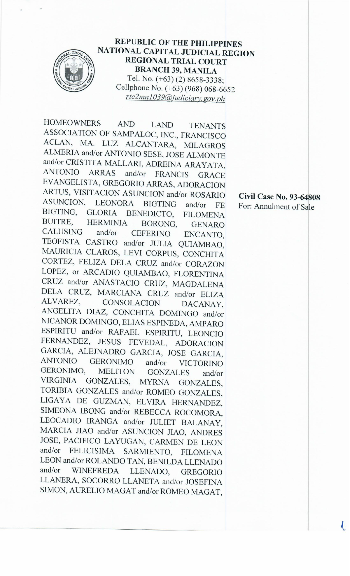 Civil Case No. RTC Br. 39: Motion to Implead BPI in Annulment of Sale - Studocu