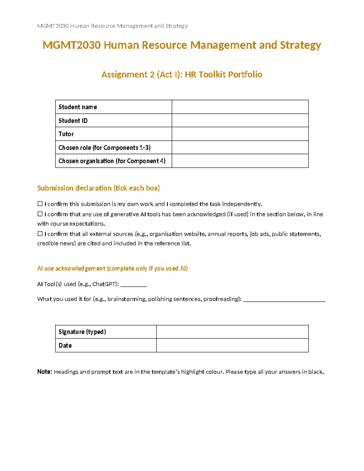 MGMT2030 Assignment 2: HR Toolkit Portfolio Template - Studocu