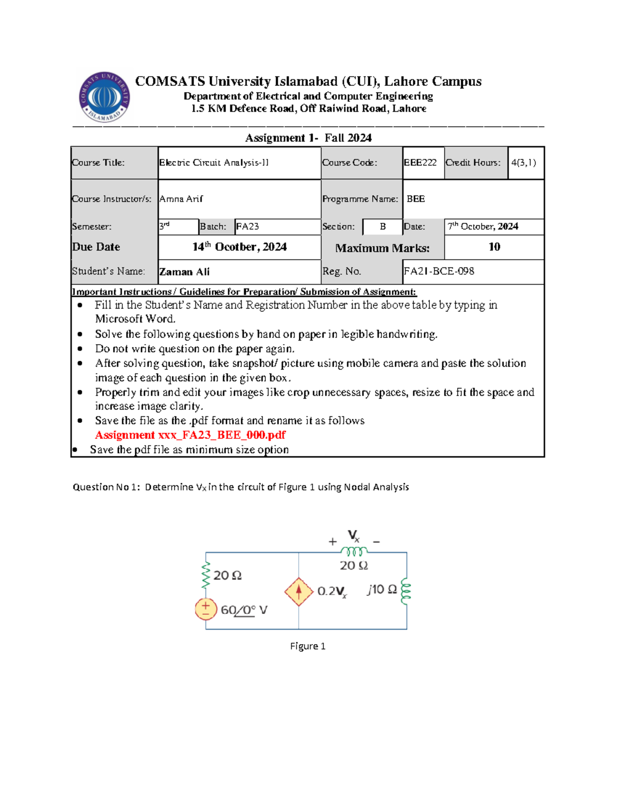 Assignment#1 ECA2 - COMSATS University Islamabad (CUI), Lahore Campus ...