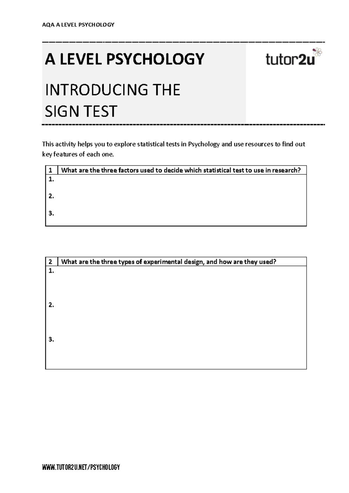 Introducing the Sign Test for AQA A Level Psychology (2) - Studocu
