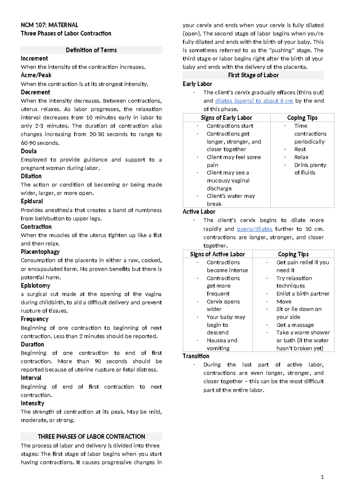 NCM 107: Maternal - Three Phases of Labor Contractions Overview - Studocu