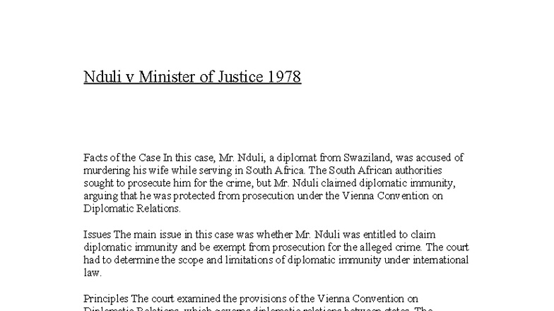Nduli v Minister of Justice 1978: Diplomatic Immunity Analysis - Studocu