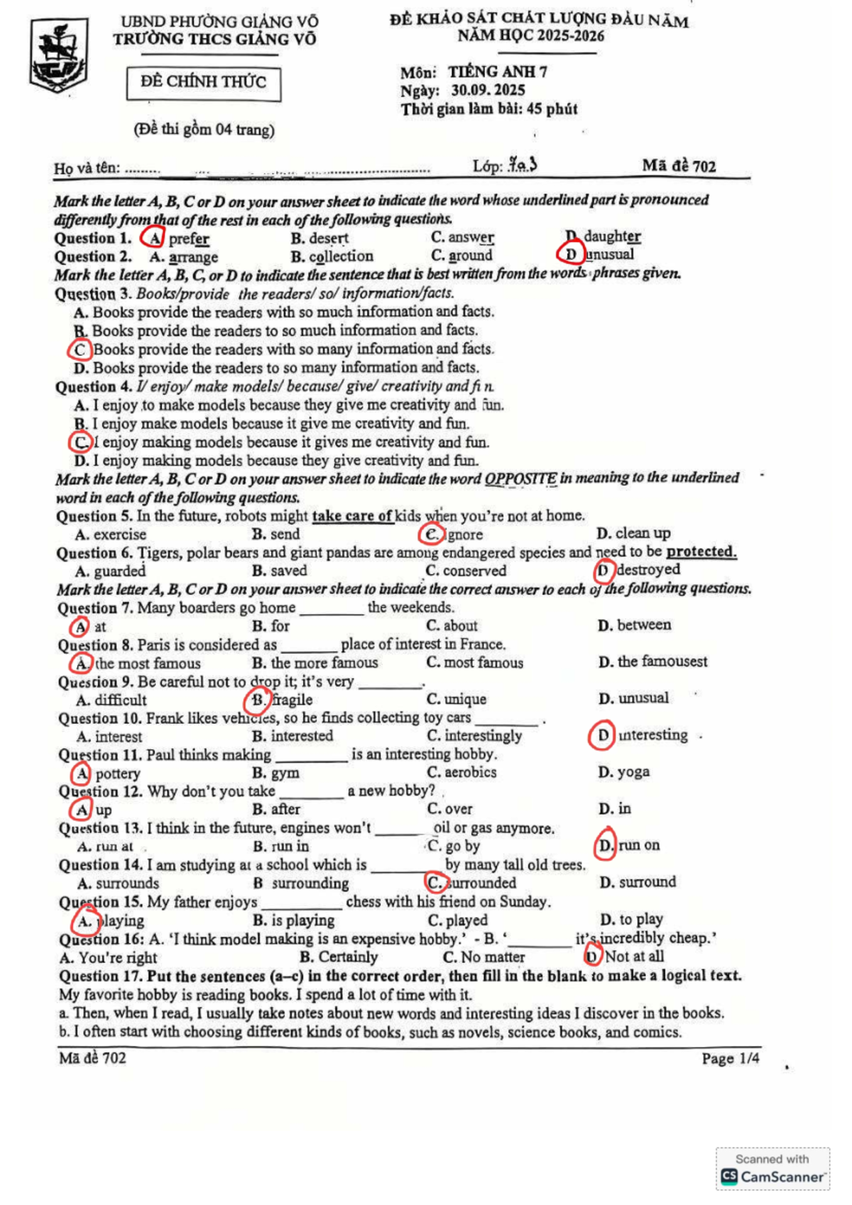 KEY GIẢNG VÕ KSĐN TIENG ANH 7 - Mã đề 702 - Studocu