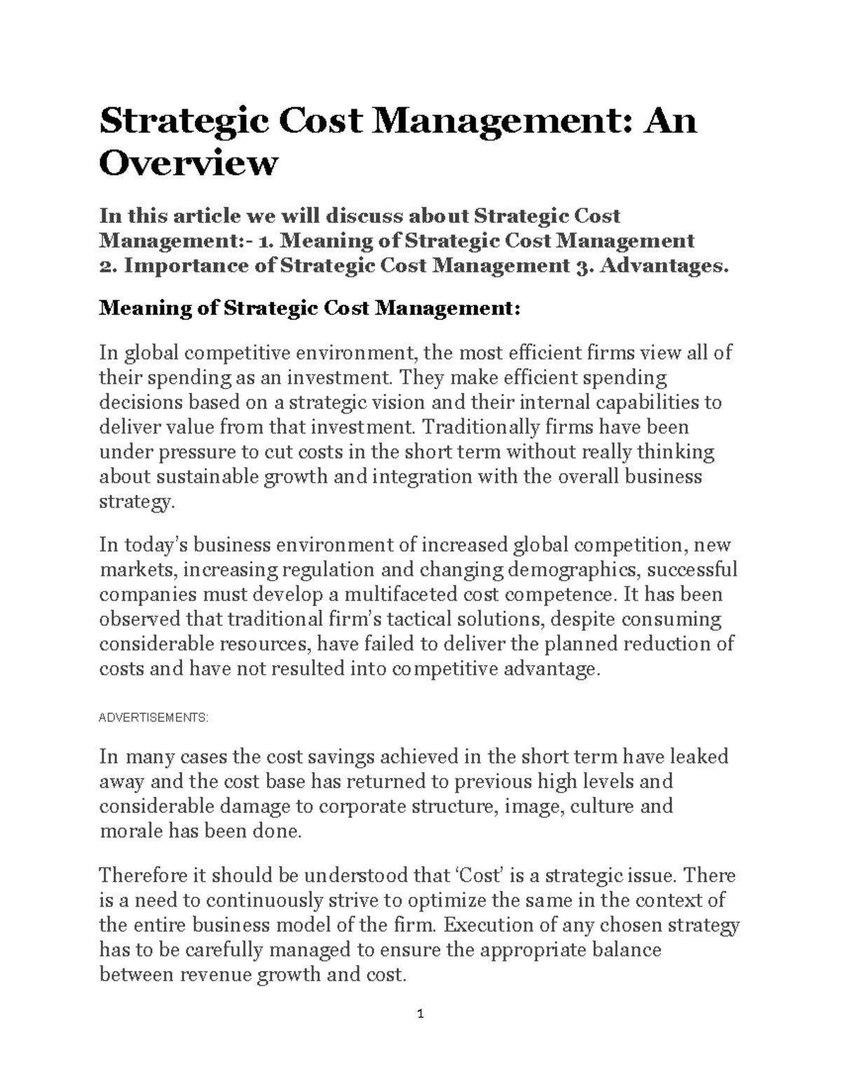 Strategic Cost Management Overview: Key Insights and Benefits - Studocu