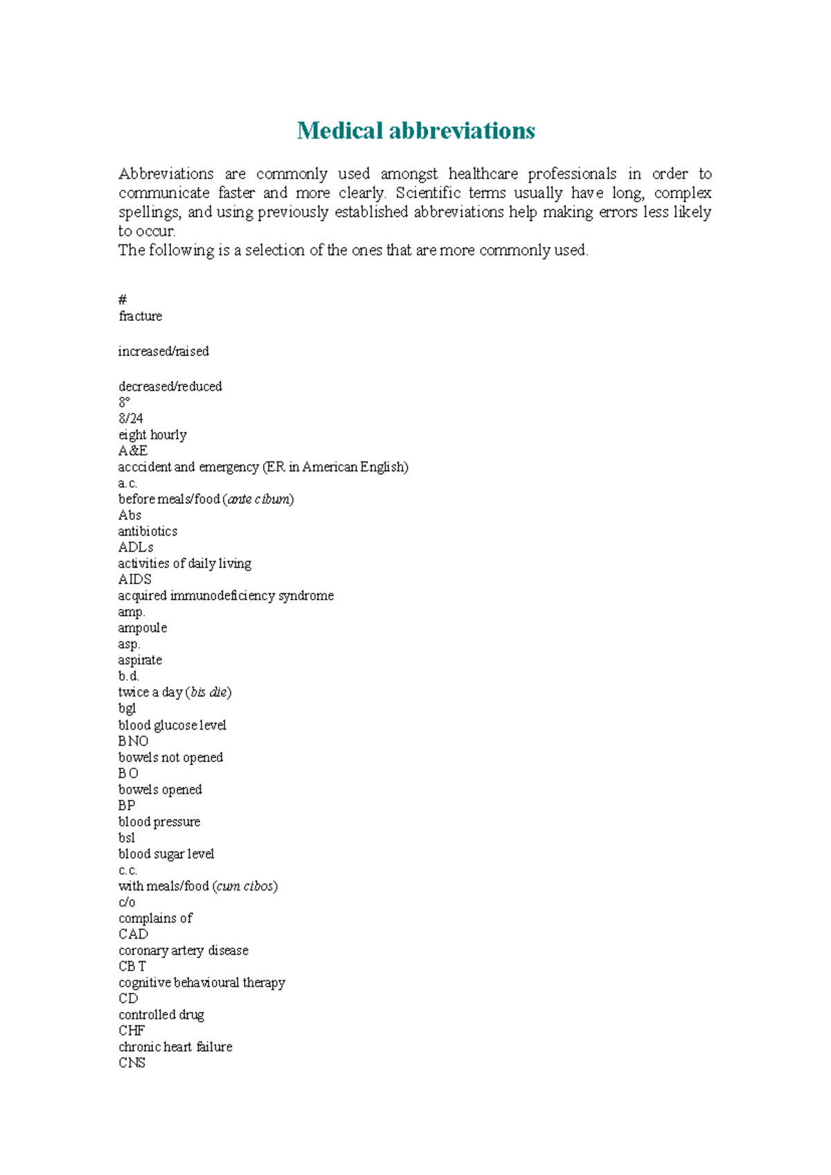 Medical Abbreviations for Healthcare Professionals: A Guide - Studocu