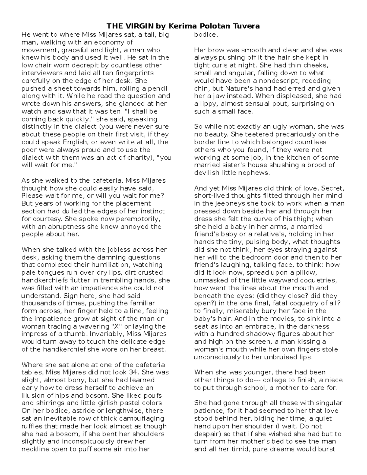 THE Virgin by Kerima Polotan Tuvera - THE VIRGIN by Kerima Polotan ...