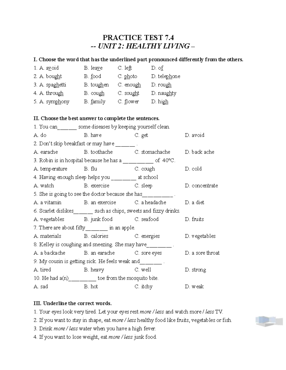 Practice Test 7.4: Unit 2 - Healthy Living and Wellness - Studocu