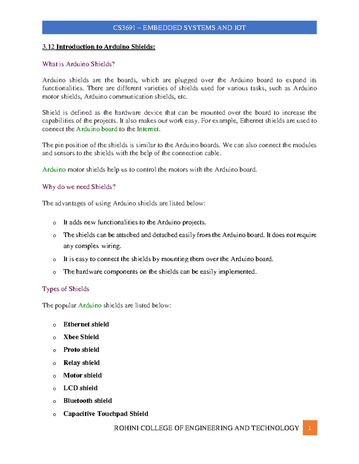 CS3691 EMBEDDED SYSTEMS AND IOT: Overview of Arduino Shields - Studocu