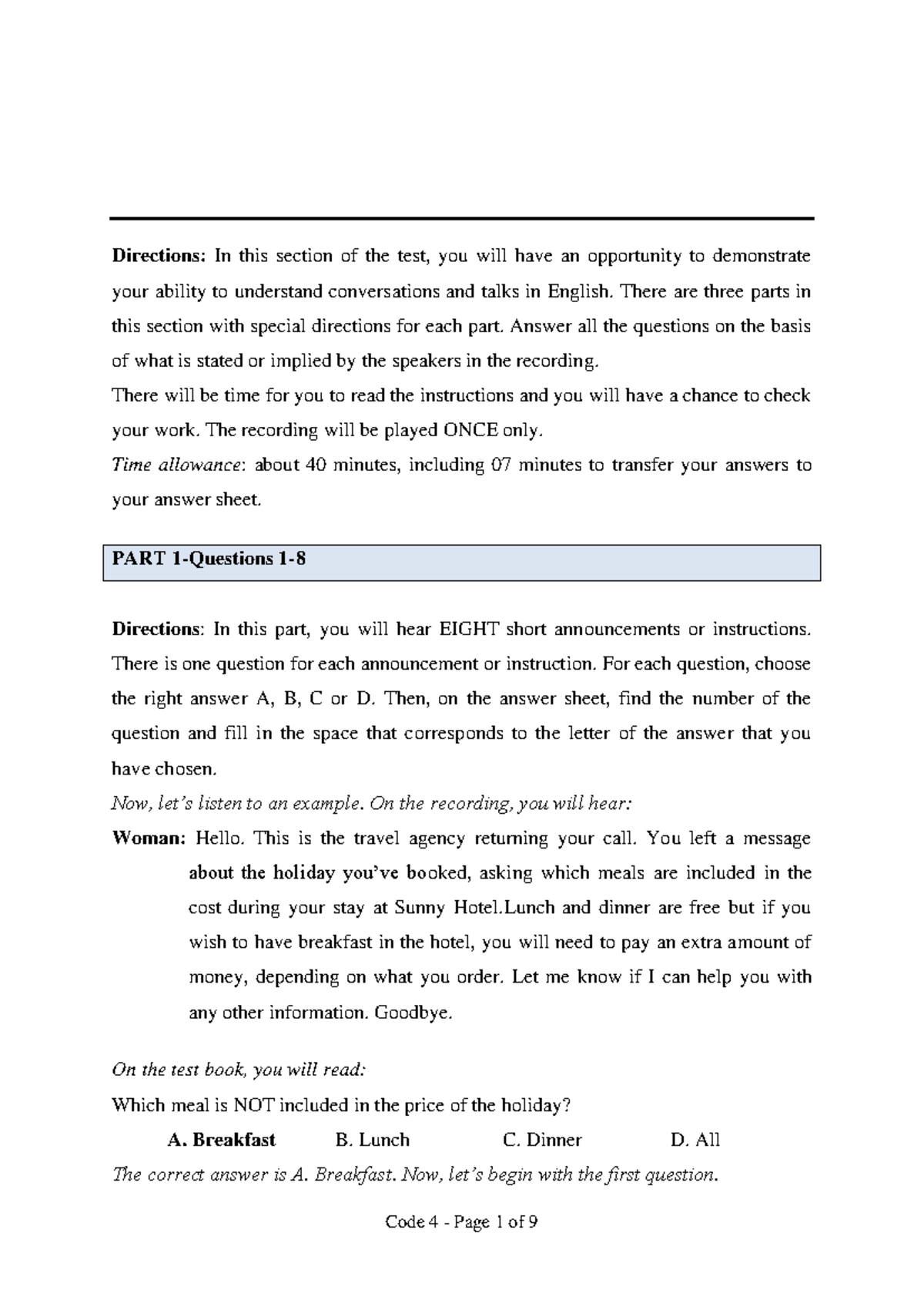 Listening Part 1 - Extra Practice - Class Work (Code 4) - Studocu