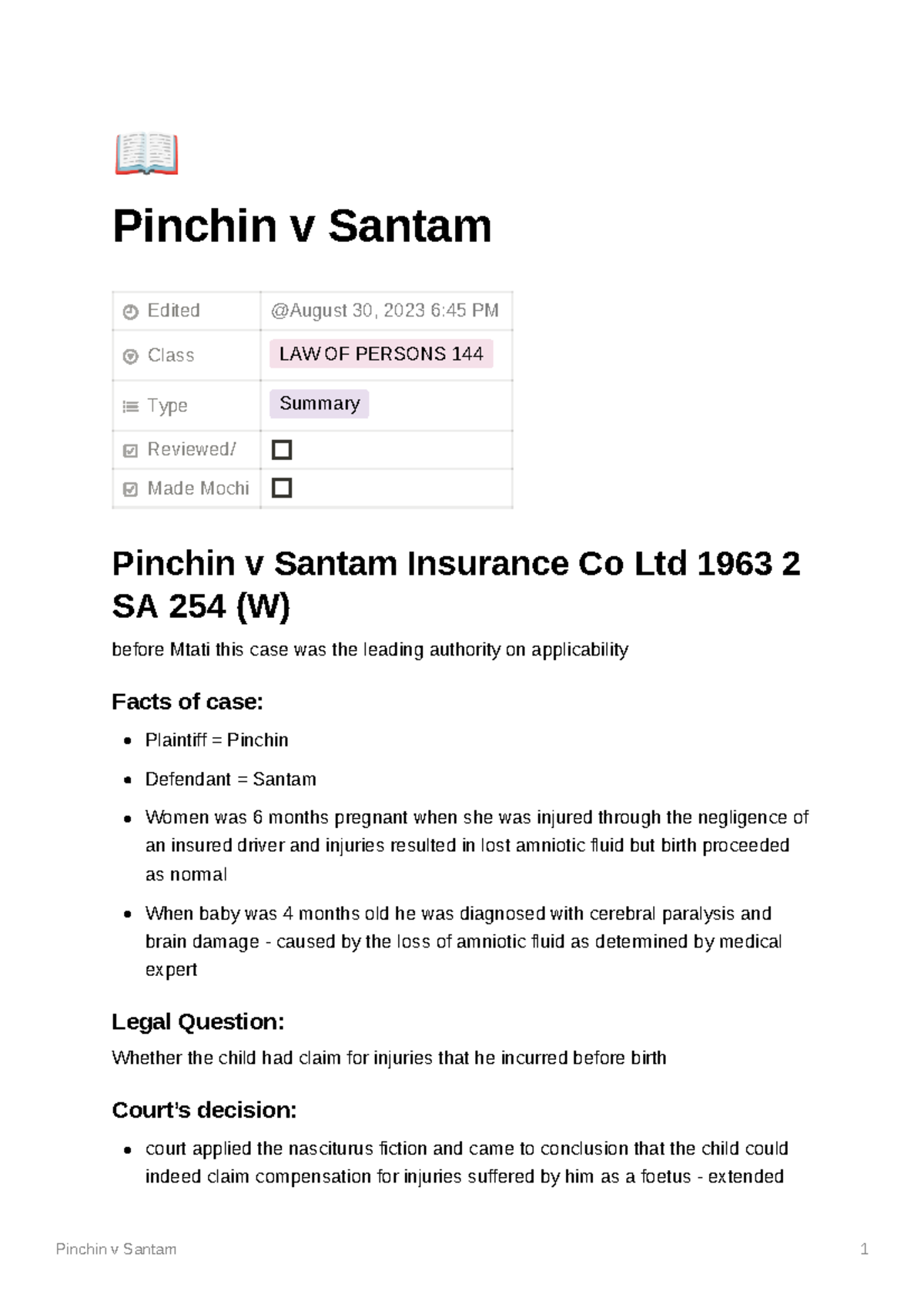 Pinchin v Santam Case Summary - LAW OF PERSONS 144 Note - Studocu