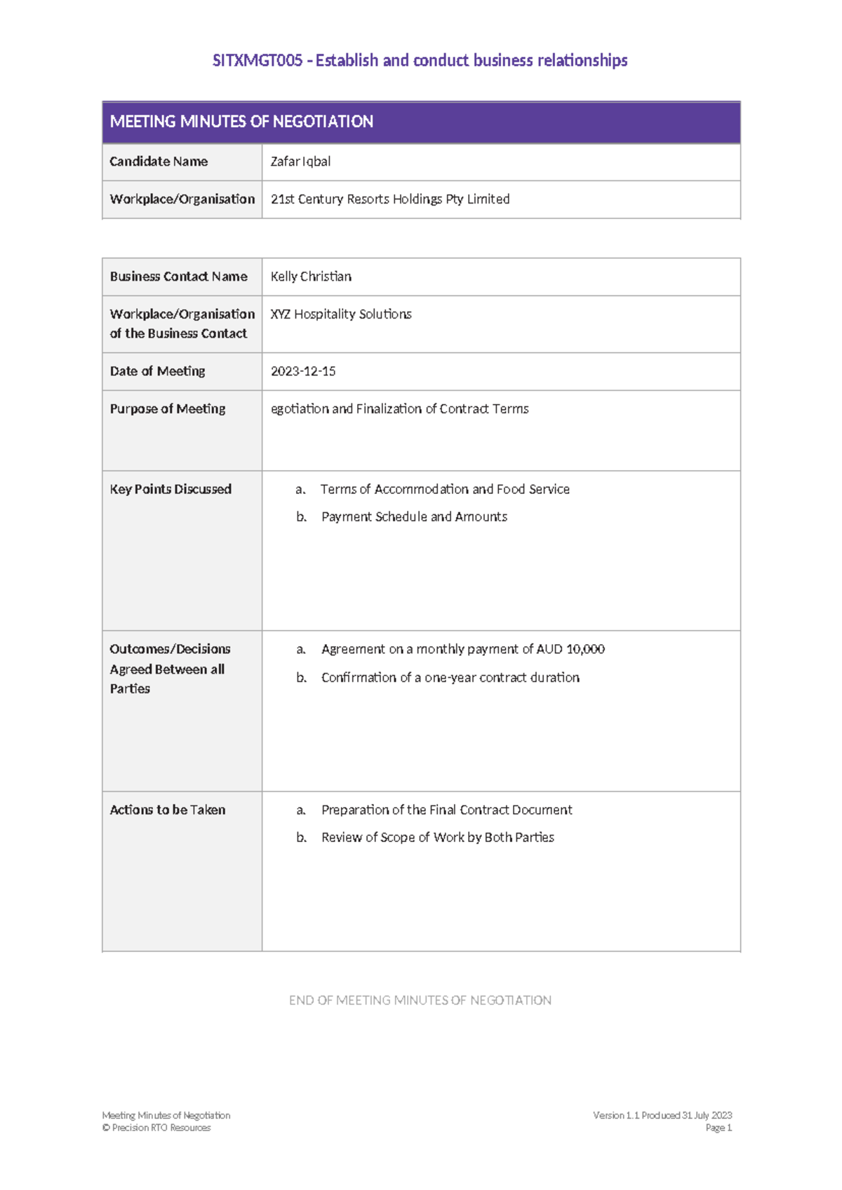 SITXMGT005 Meeting Minutes: Negotiation Outcomes & Actions v1.1 - Studocu