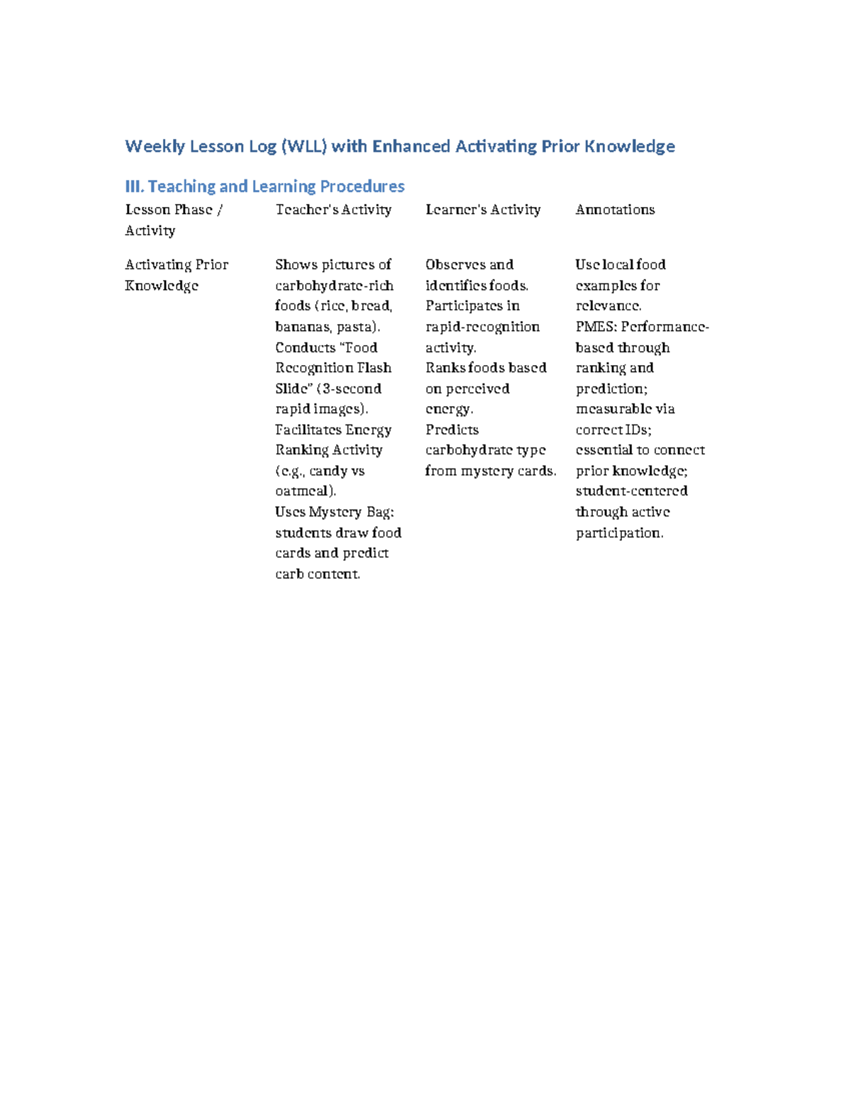 WLL with Enhanced Activating PK - Weekly Lesson Log (WLL) with Enhanced ...