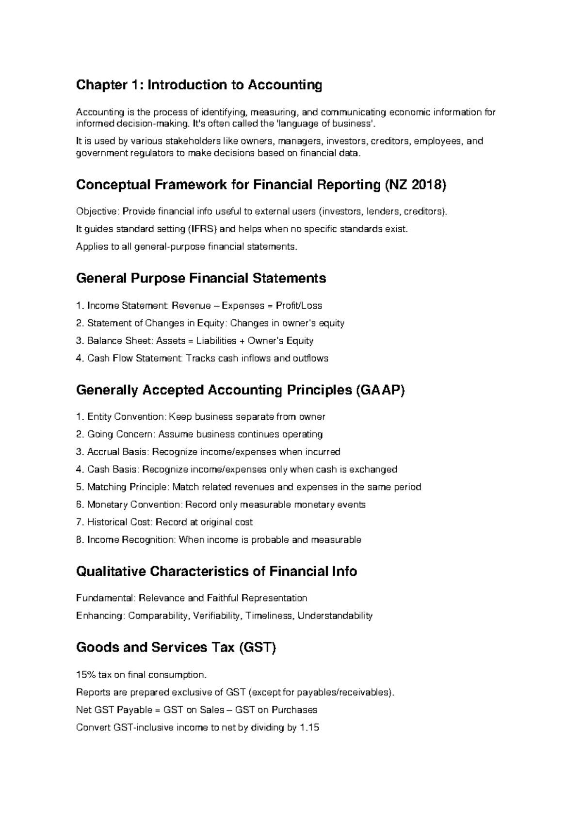Chapter 1: Intro to Accounting - Key Concepts & Principles - Studocu