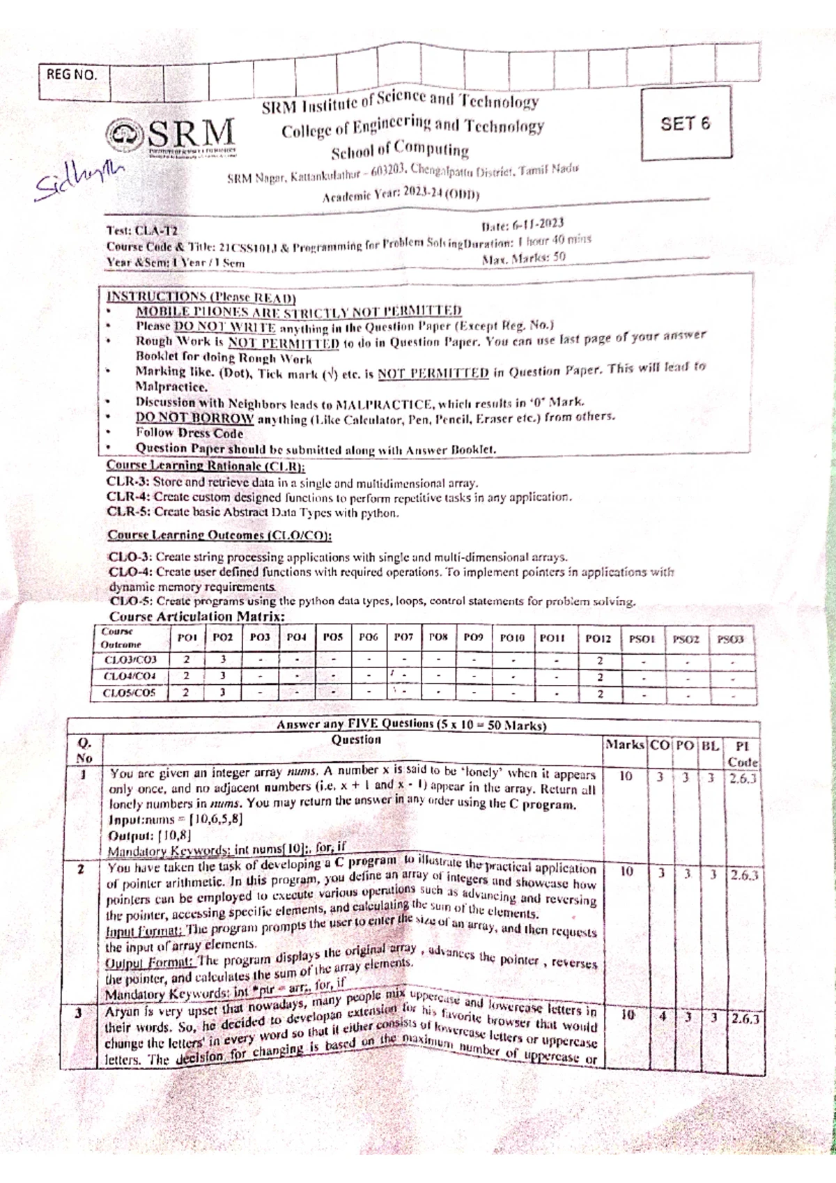 21CSS101J Programming for Problem Solving - Degree Exam May 2025 - Studocu